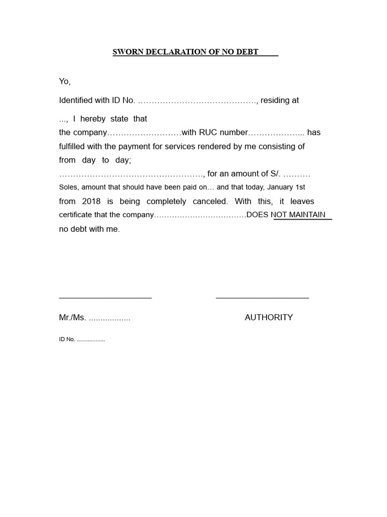 Sworn Declaration of No Debt Form | PDF