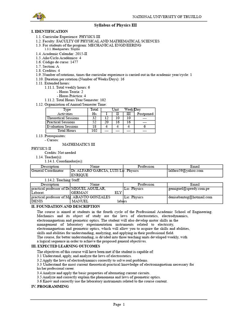 Syllabus Physics 3 - UNT | PDF | Electromagnetic Induction | Inductance