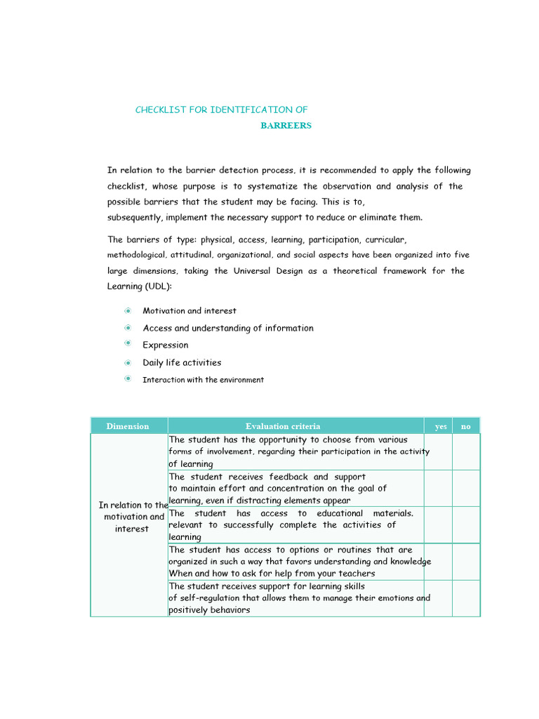 Barrier Identification Checklist for Students | PDF | Learning ...