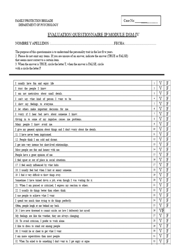 DSM-IV Personality Evaluation Questionnaire | PDF | Diagnostic And ...