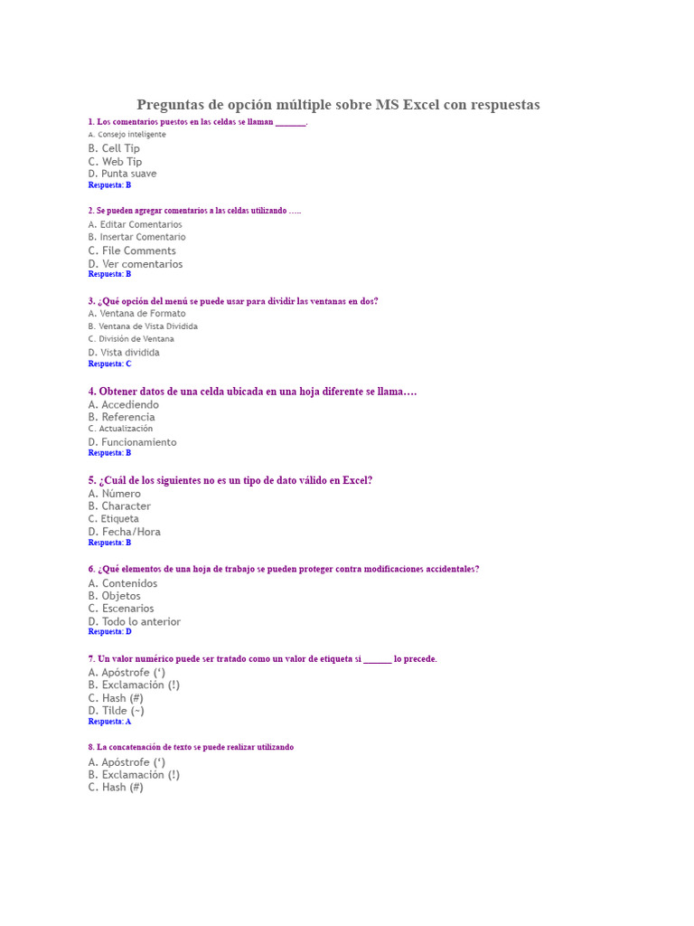 MS Excel Preguntas de Opción Múltiple con Respuestas.docx | PDF ...