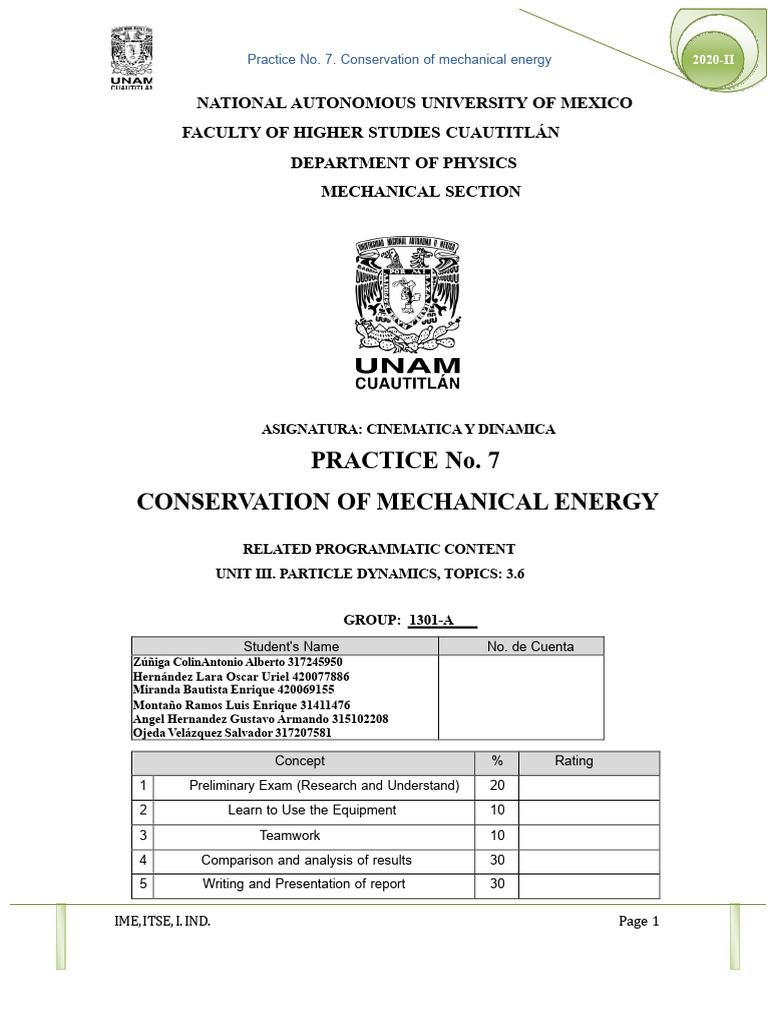Practice 7 Conservation of Mechanical Energy | PDF | Potential Energy ...