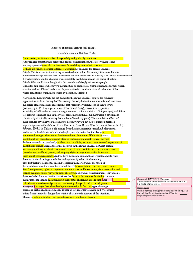 Mahoney, James and Kathleen Thelen. Explaining Institutional Change. Ambiguity, Agency and Power ...