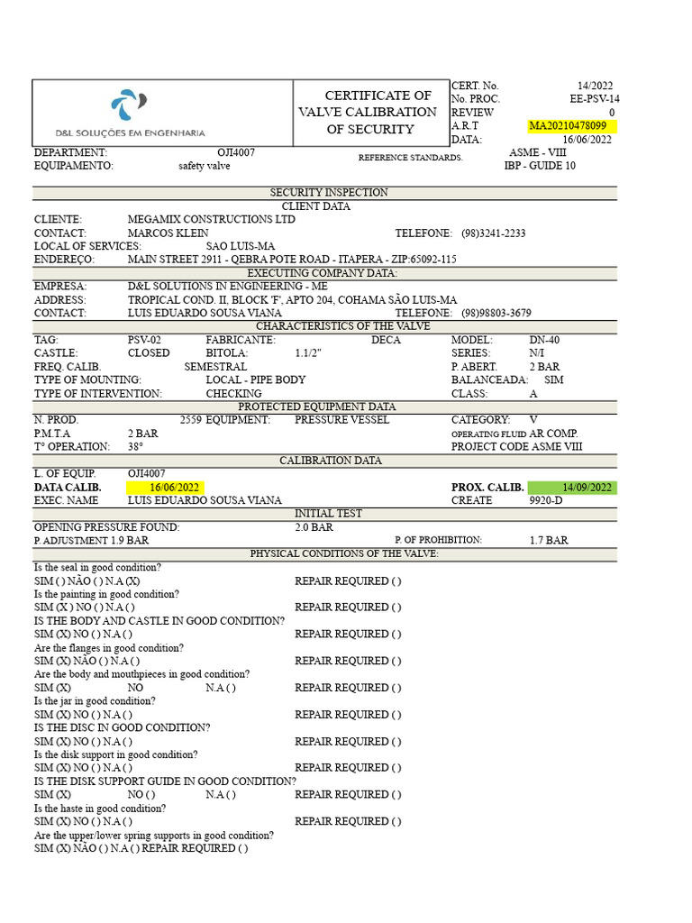 Calibration Certificate Safety Valve PSV 02-Oji4007 | PDF | Calibration ...