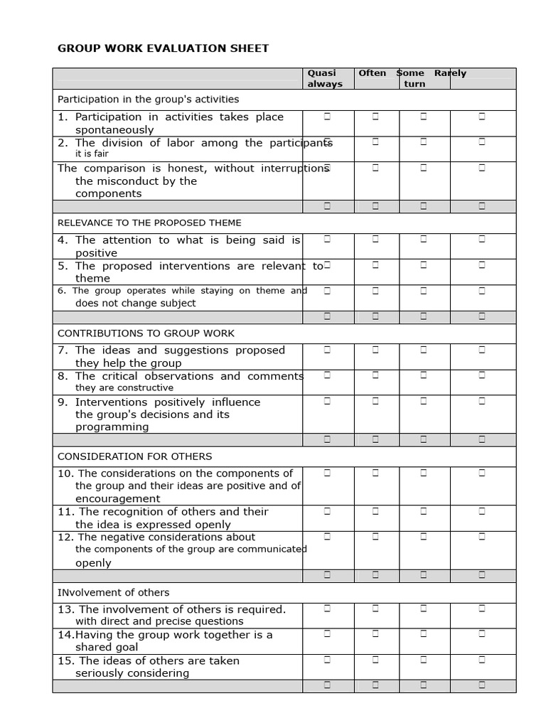 Group Work Evaluation Sheet | PDF
