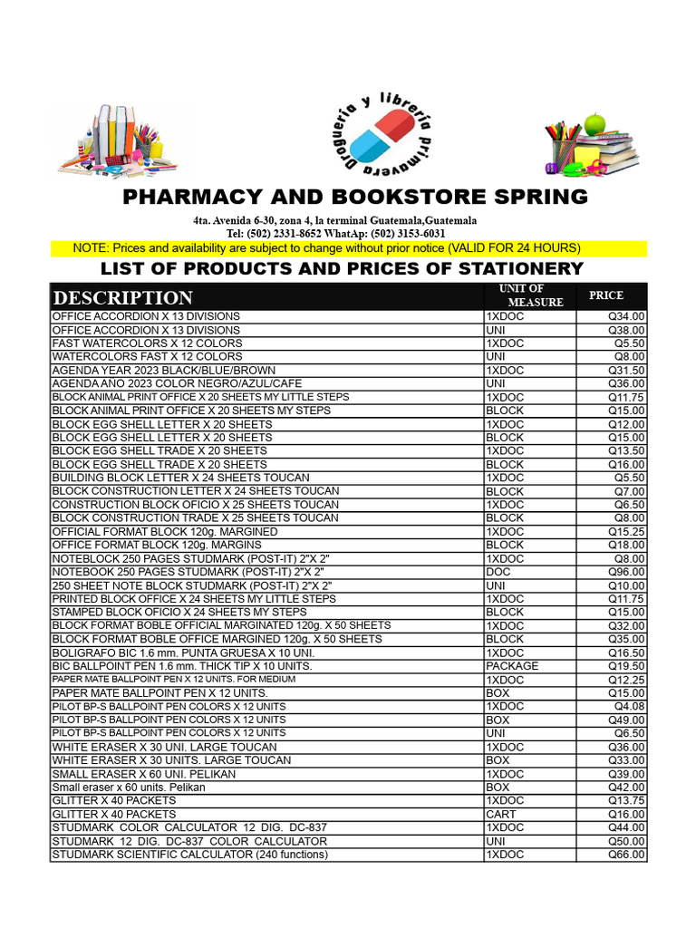 List of Products and Prices From The Bookstore | PDF | Cyan | Stationery