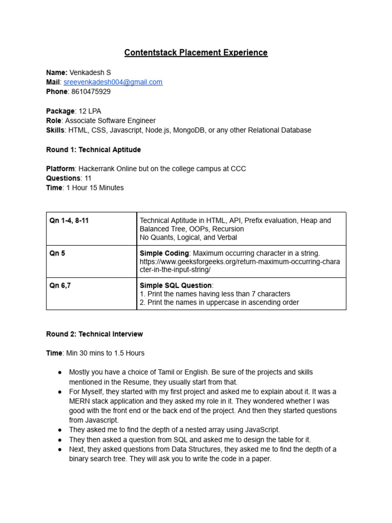 Contentstack Venkadesh S Interview Experience | PDF | Java Script | Software Engineering