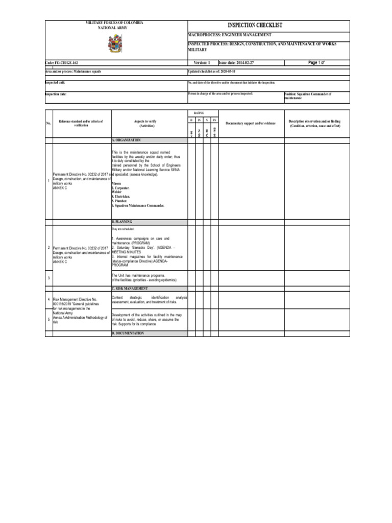Colombia Military Maintenance Inspection Checklist | PDF | Risk ...