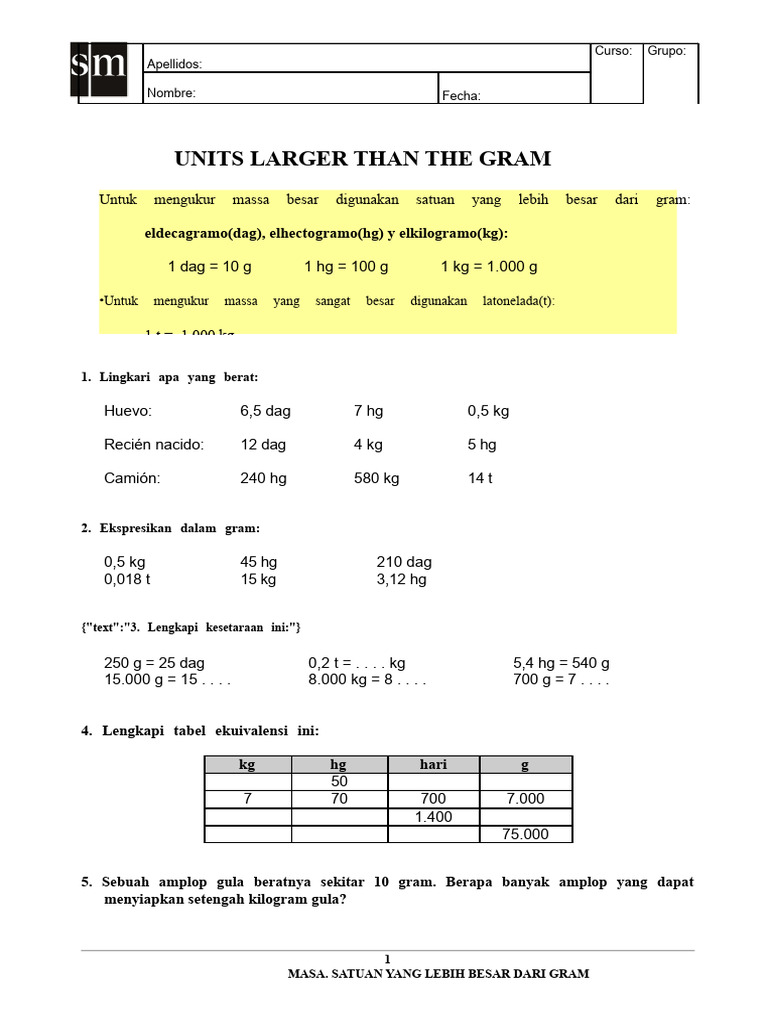 Satuan Massa Besar: Gram ke Kilogram | PDF