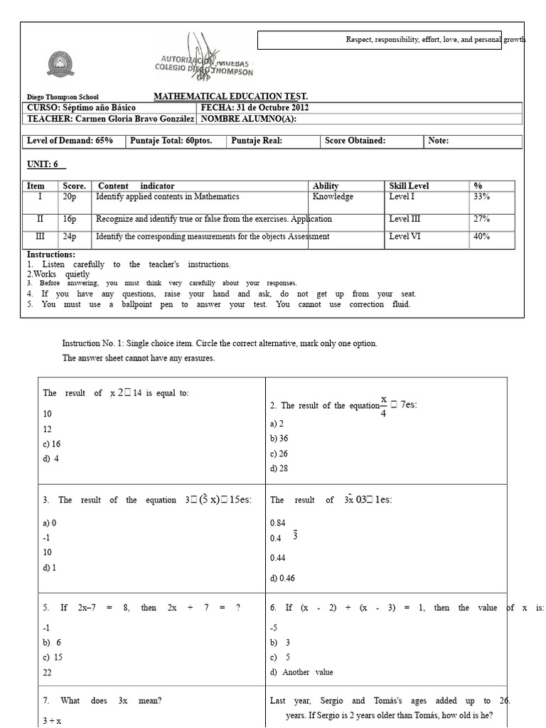 unit test of algebra 6 seventh grade.docx | PDF | Numbers | Mathematics