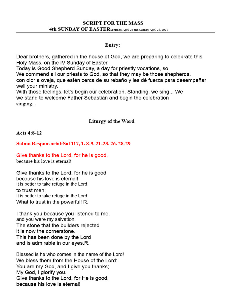 SCRIPT FOR THE MASS - 4th SUNDAY OF EASTER CYCLE B | PDF | Mass ...