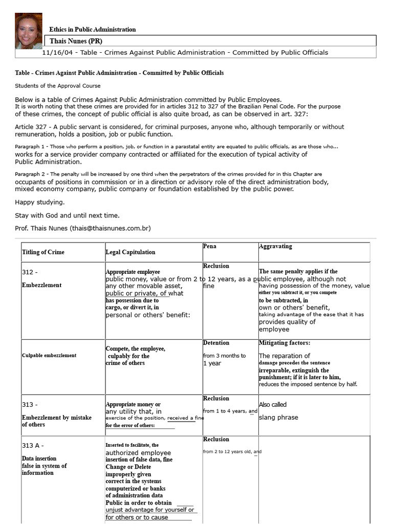 Table of Crimes Against Public Administration | PDF | Crimes | Crime ...