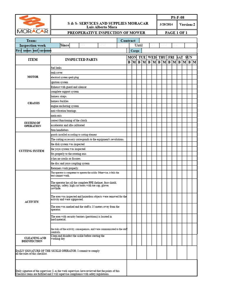 Preoperative Mower Inspection Checklist | PDF