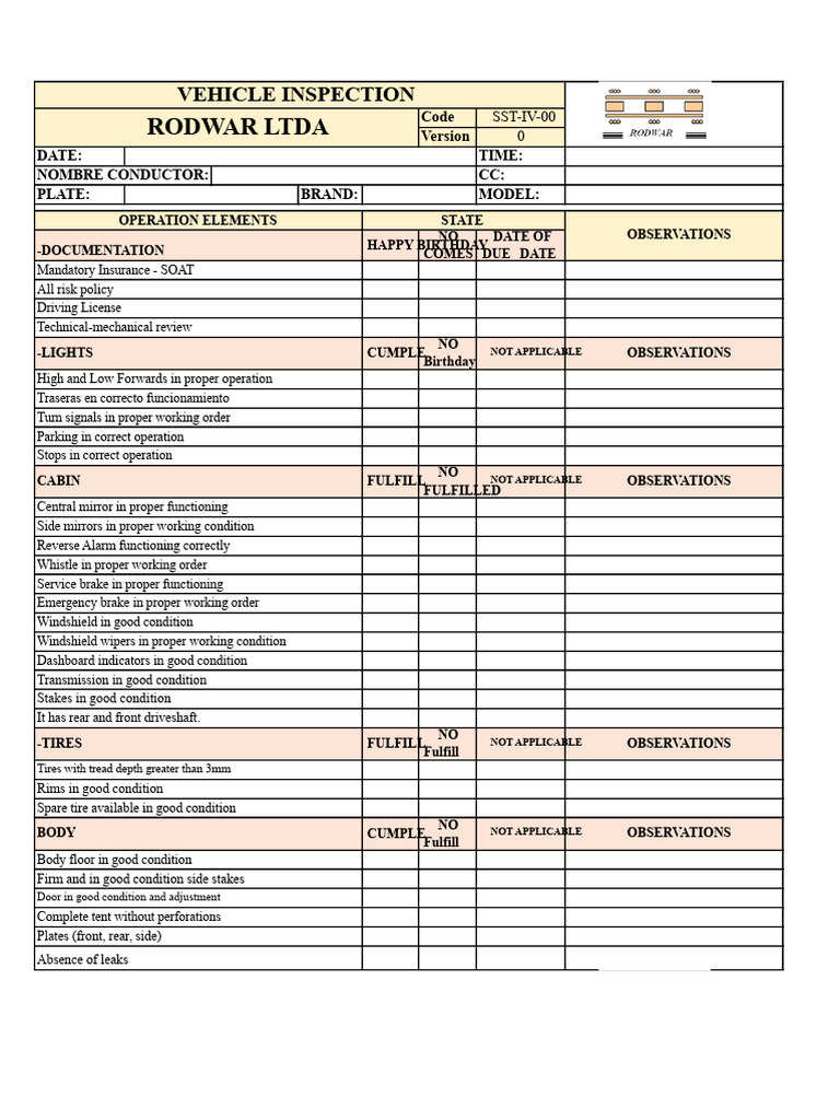 Vehicle Inspection Format | PDF | Truck | Vehicles