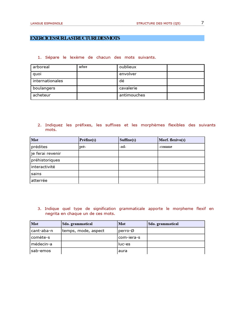 Exercices sur la structure des mots en espagnol | PDF | Morphologie ...