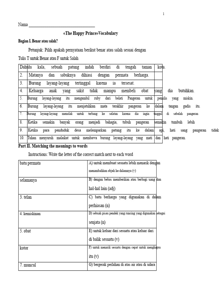 Lembar Kerja Pangeran Bahagia | PDF