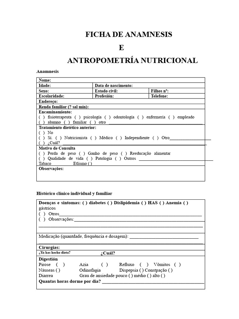 Ficha de Anamnesis Nutricional Completa | PDF | Índice de masa corporal | Especialidades Medicas