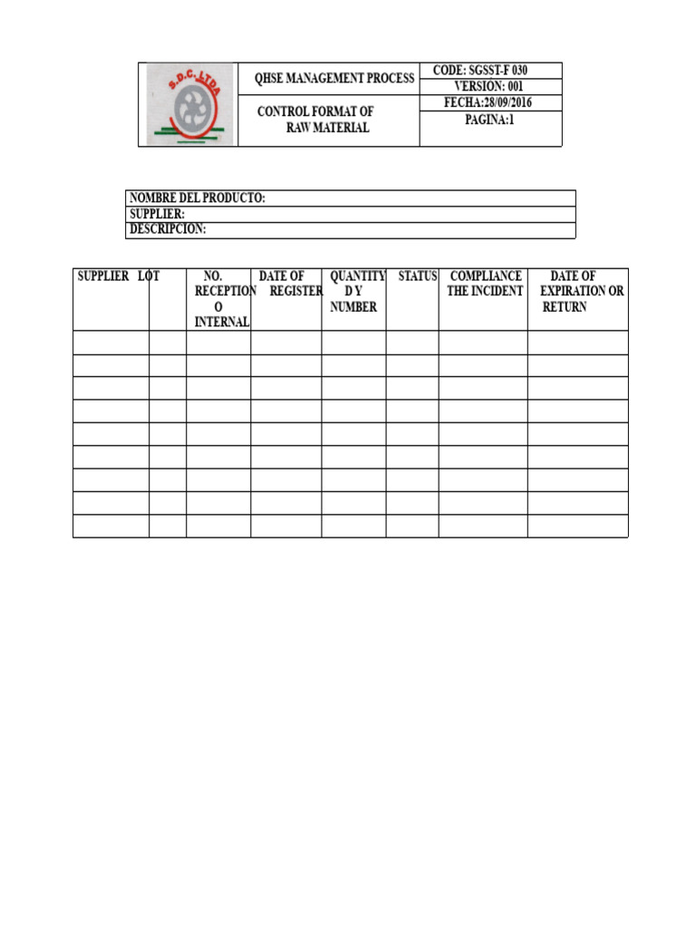 Raw Material Control Format Pdf