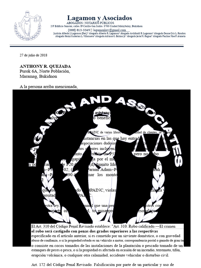 Carta de Demanda BPA QUEJADA | PDF | Castigos | Crímenes