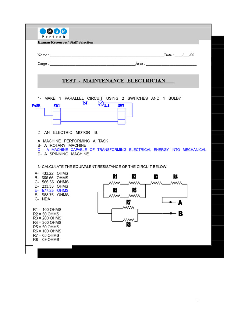 Maintenance Electrician Test Questions | PDF | Alternating Current ...