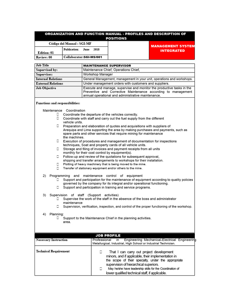 Maintenance Supervisor Job Description | PDF | Engineering | Business