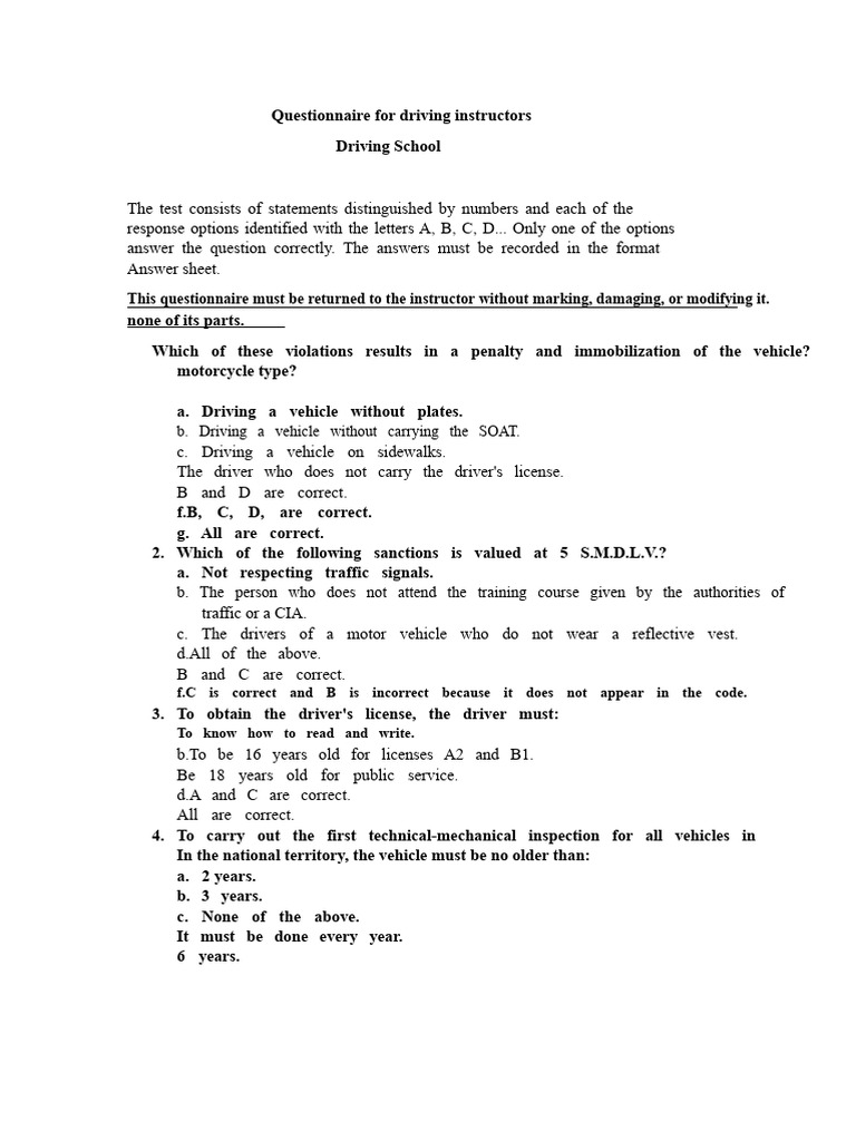 Questionnaire for driving instructors 2 | PDF | Traffic | Traffic Light