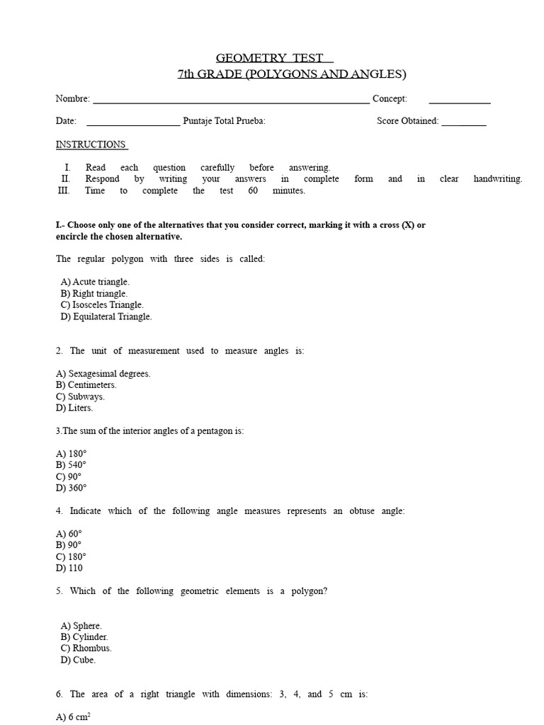 TEST For 7th Grade Geometry | PDF | Triangle | Area