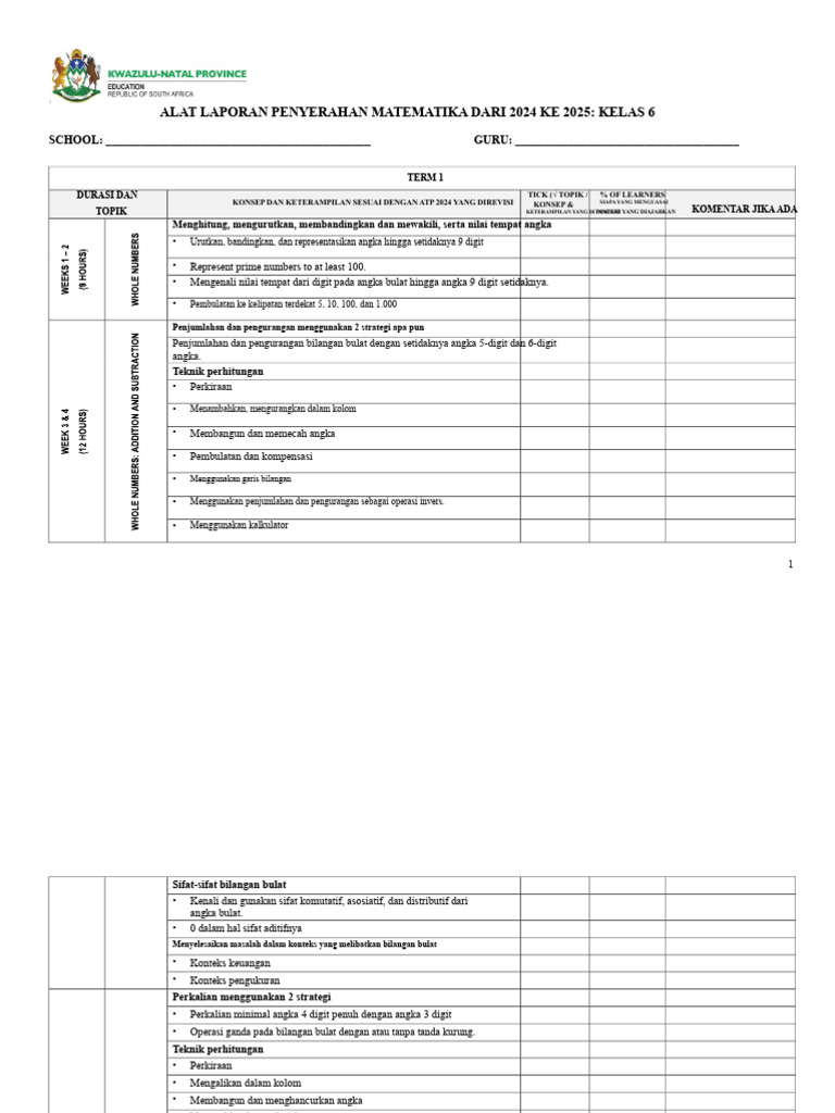 Alat Serah Terima Matematika Kelas 6 Tahun 2024 | PDF