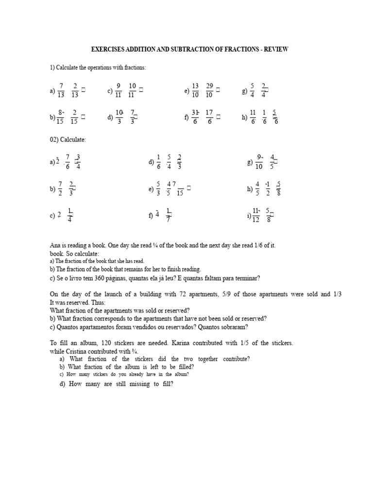 Exercises On Addition and Subtraction of Fractions | PDF | Arithmetic ...