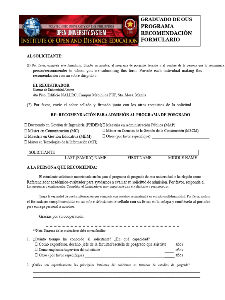 Carta de Recomendación PUP-OUS-2019 | PDF