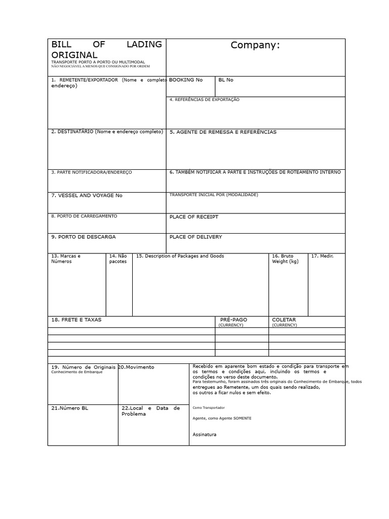 Modelo de Conhecimento de Embarque Bill of Lading | PDF