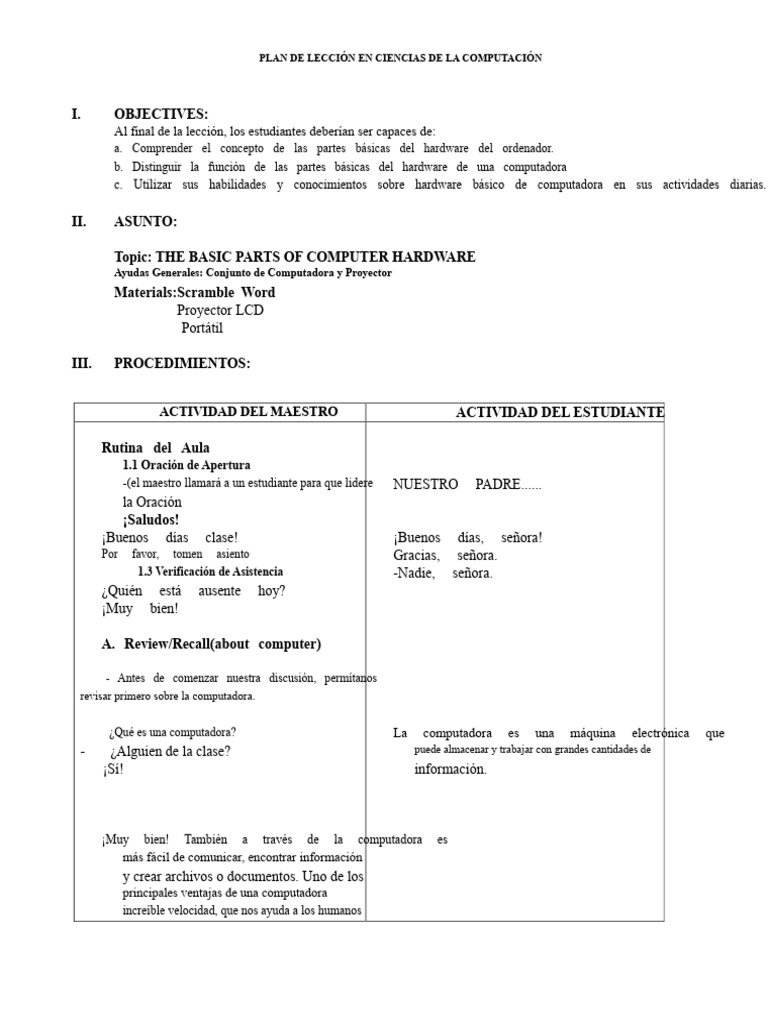 MI PLAN DE LECCIÓN EN HARDWARE DE COMPUTADORAS.docx | PDF | Hardware de la computadora | Unidad ...