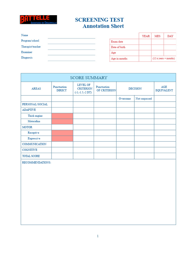 Screening Test - Battelle | PDF | Word | Cognitive Science
