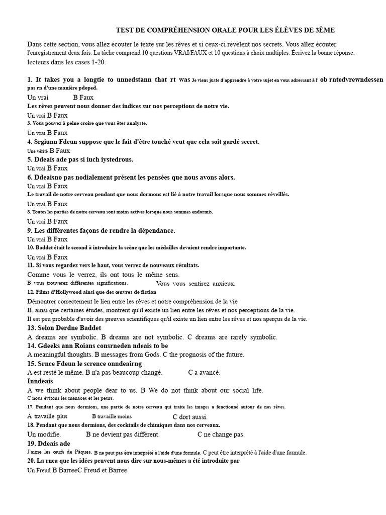 Test de compréhension orale 3ème : rêves | PDF