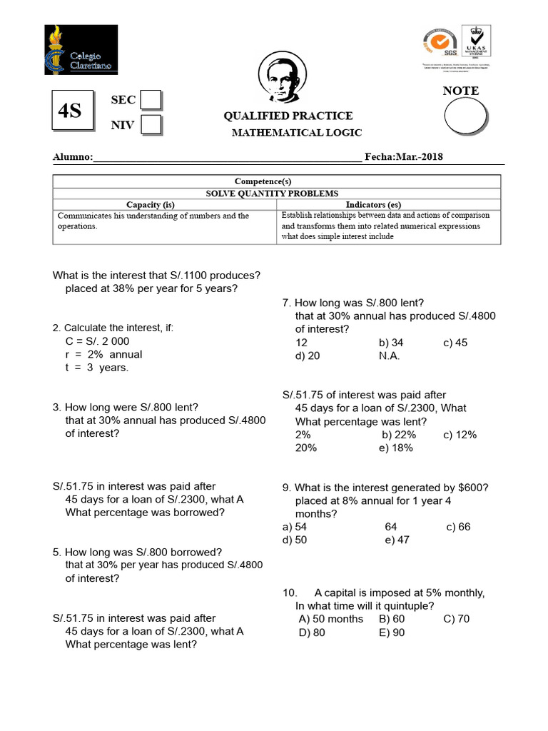 Simple Interest Activity | PDF | Interest | Percentage