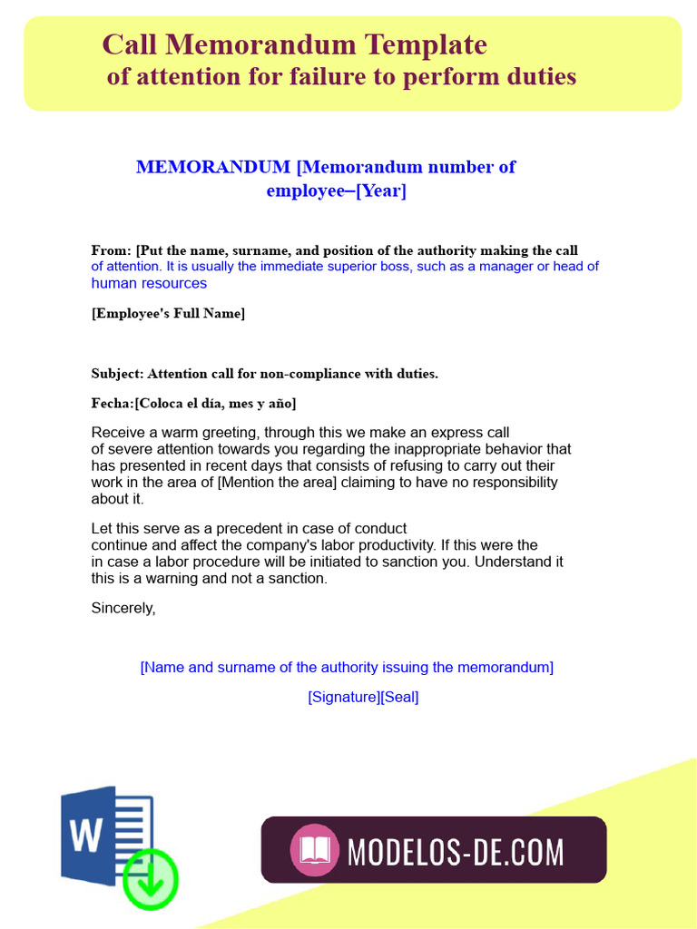 Model of Memorandum For Attention Call Due To Noncompliance With Duties ...