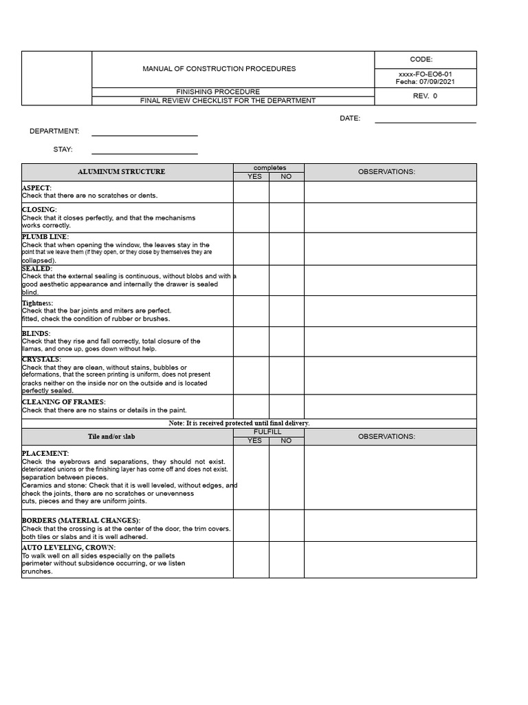 Final Review Checklist for Construction | PDF | Wall | Ceiling