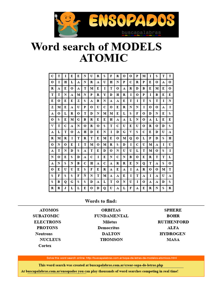 Atomic Models Word Search Puzzle | PDF | Atoms | Atomic Nucleus