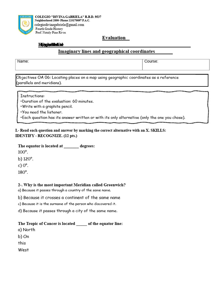 Evaluation History 4th Grade Imaginary Lines and Coordinates | PDF ...
