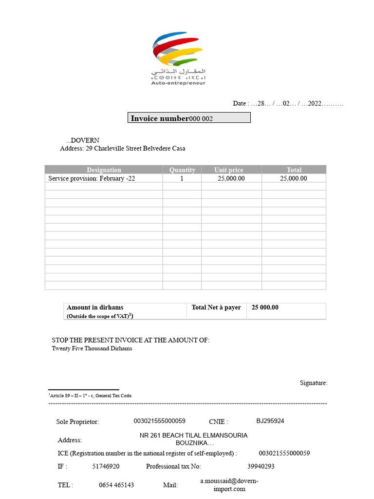 Invoice Model For Auto Entrepreneur | PDF | Invoice | Taxes