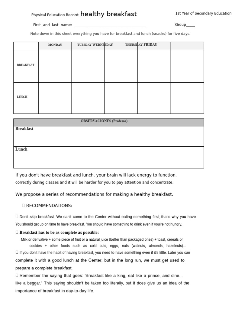 1st Year of Secondary School: Healthy Breakfast | PDF