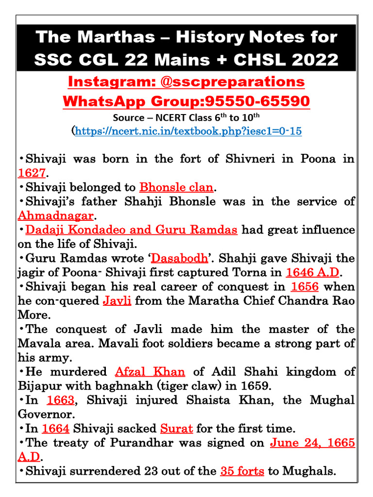 The Marathas - History Notes For SSC CGL 2023 | PDF