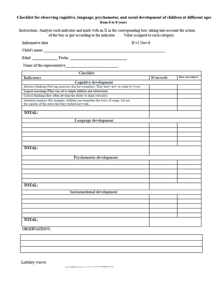 Checklist For Observing Cognitive Development | PDF