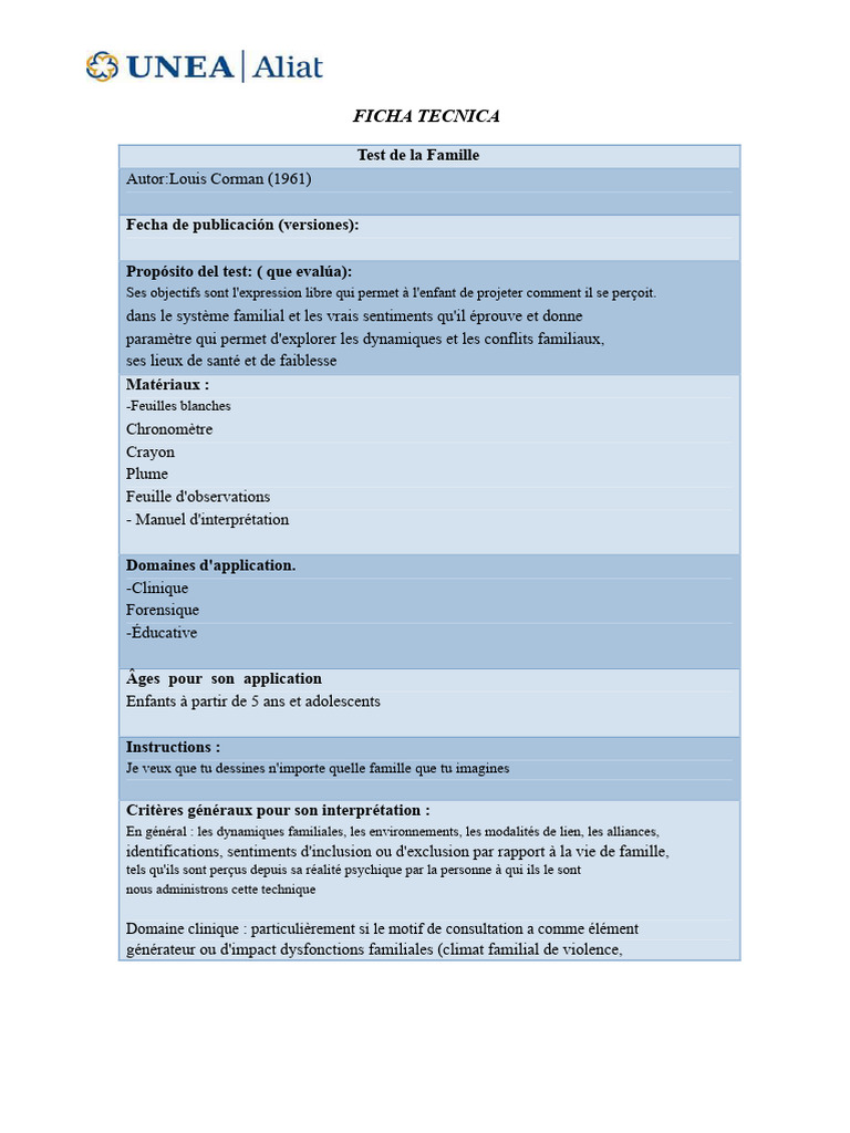 Test de la Famille : Évaluation Psychologique | PDF