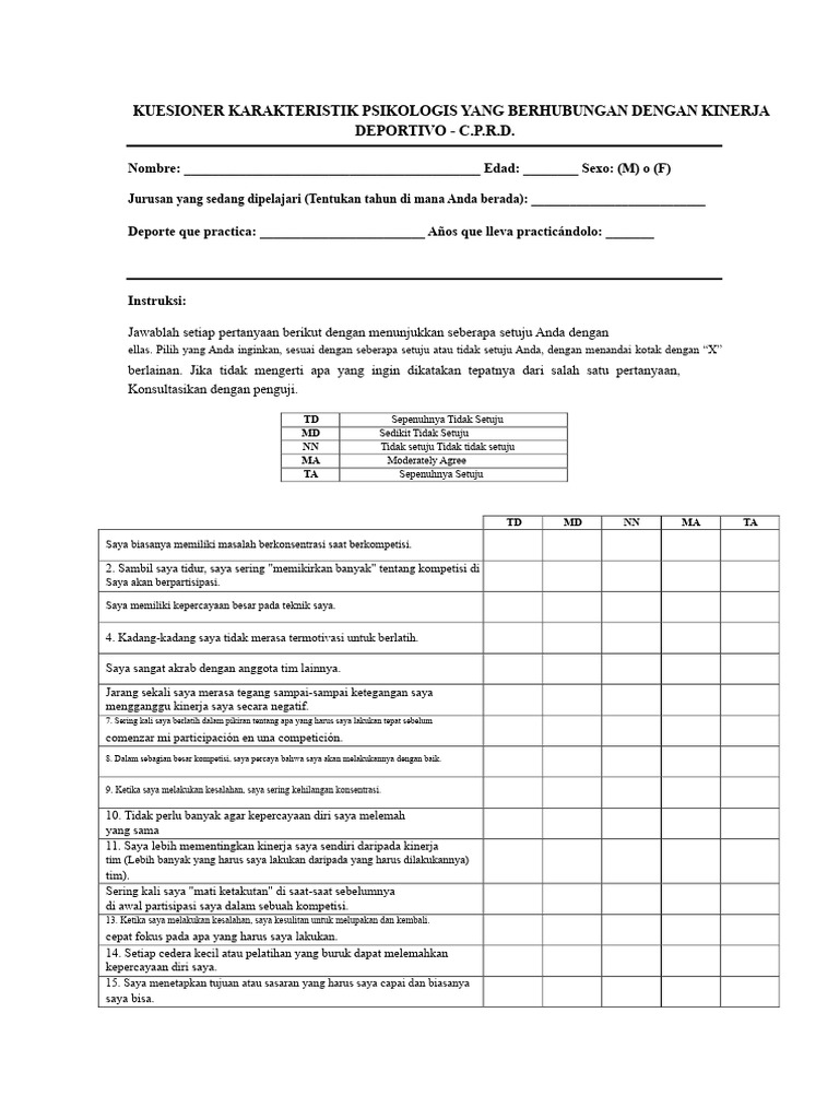 CPRD - KUESIONER KARAKTERISTIK PSIKOLOGIS DALAM KINERJA OLAHRAGA | PDF