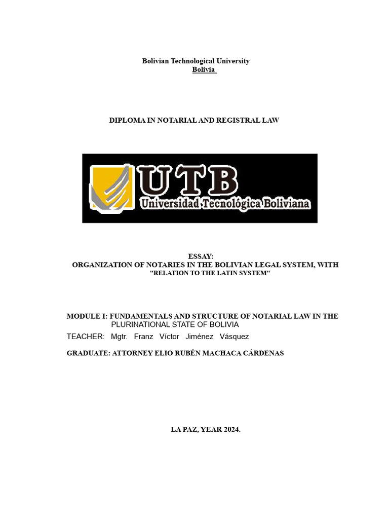 Essay - Organization of The Bolivian Notary - Elio Ruben Machaca ...
