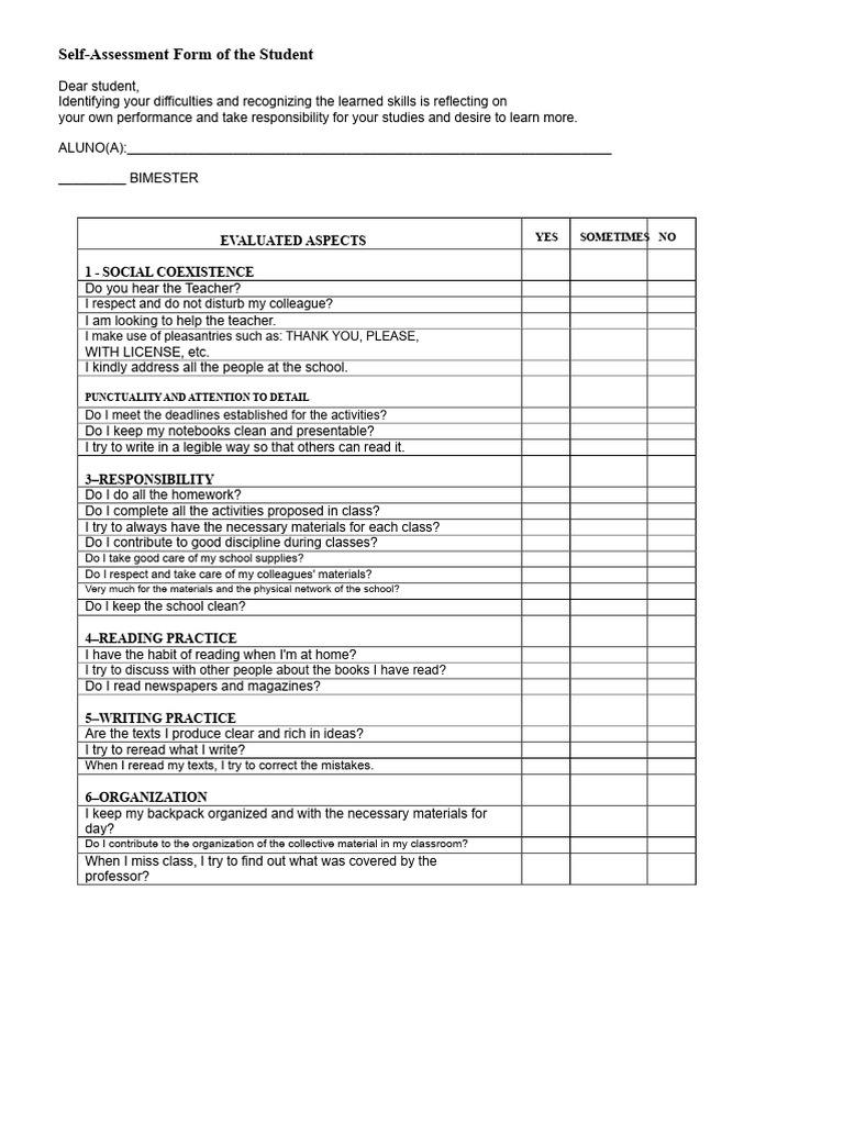 Student Self-Assessment Checklist | PDF