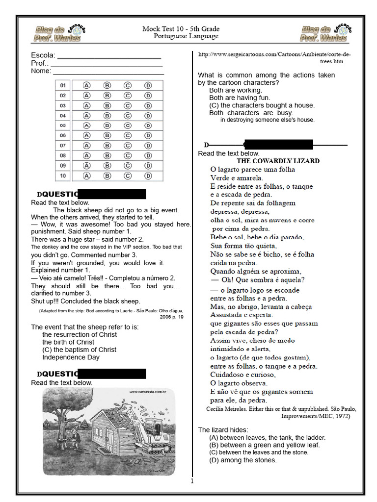 Mock Test 10 (Portuguese 5th Grade - Prof. Warles' Blog) | PDF