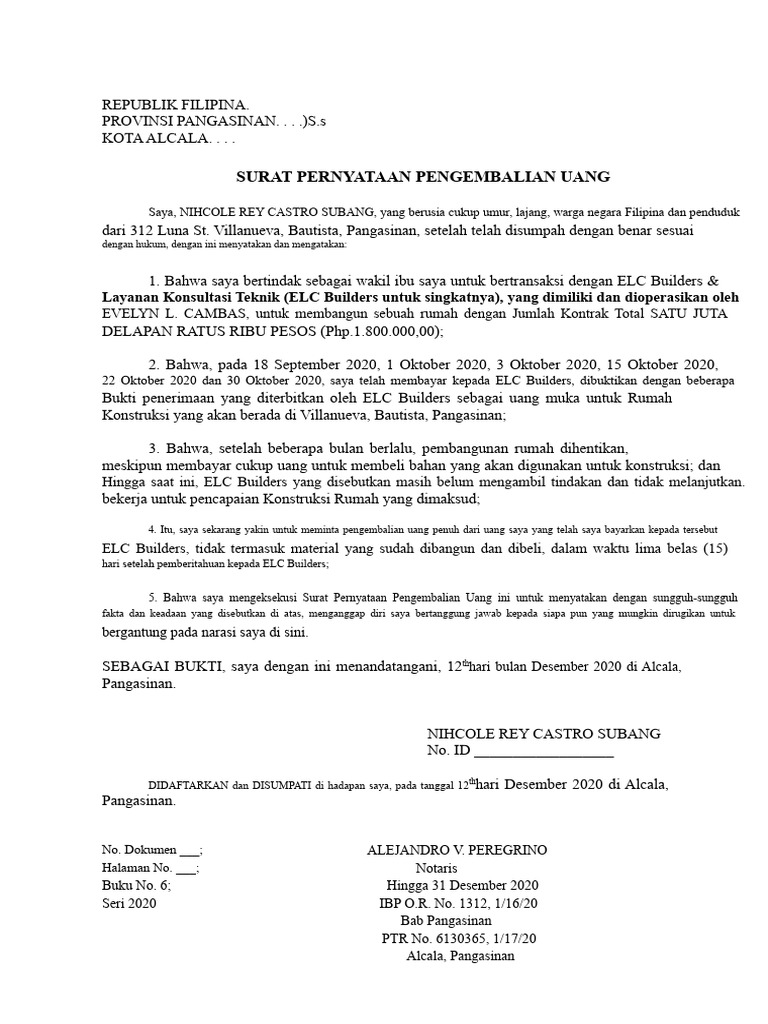 Surat Pernyataan Pengembalian Uang ELC Builders | PDF