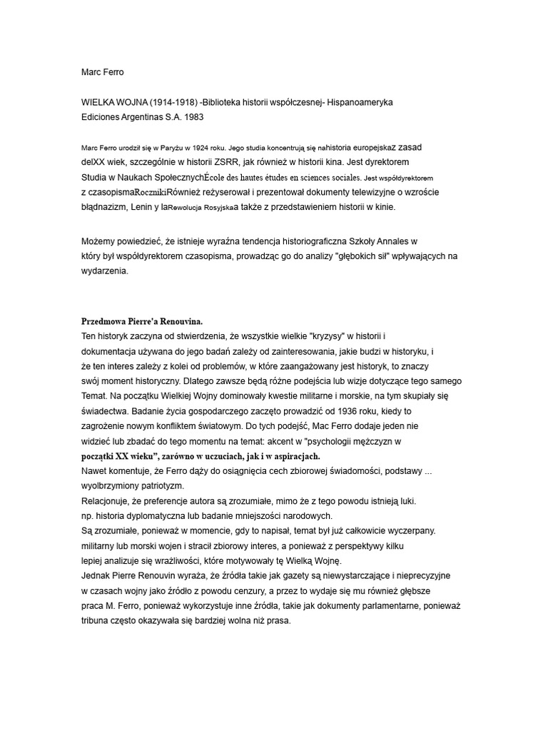 Podsumowanie I Wojny Światowej Autorstwa Marca Ferro | PDF